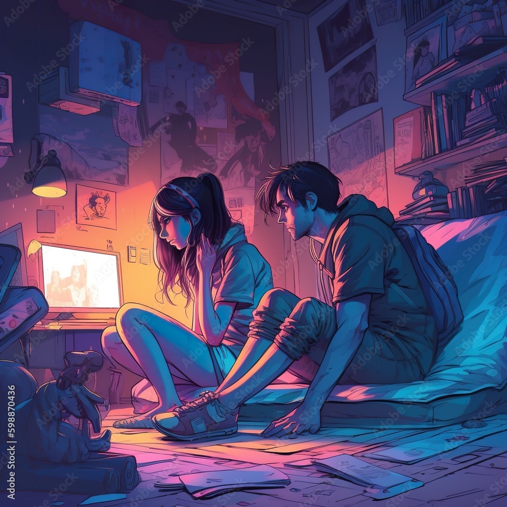 Generative Ai Illustration Boy And A Girl Playing Video Games In A 