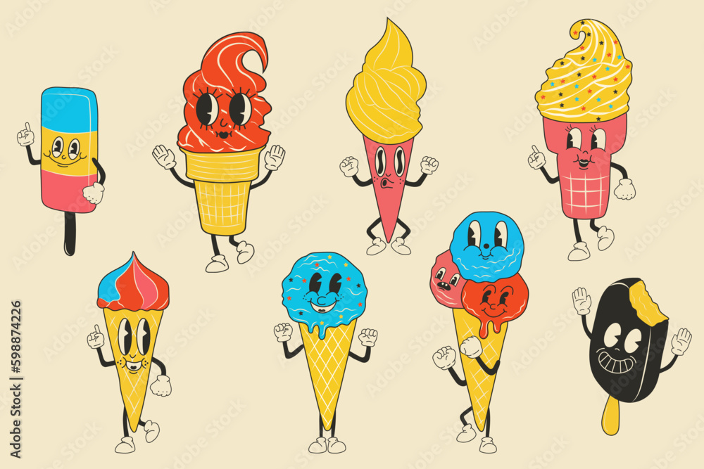 Set of Cute Cartoon Ice cream character. Happy and cheerful emotions ...