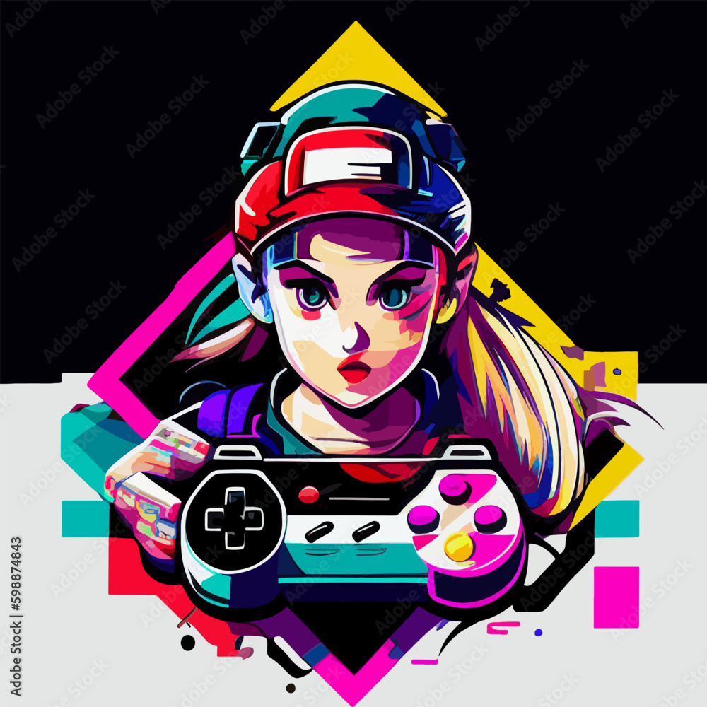 Cartoon drawing of a gamer boy with a joystick on a colored background ...