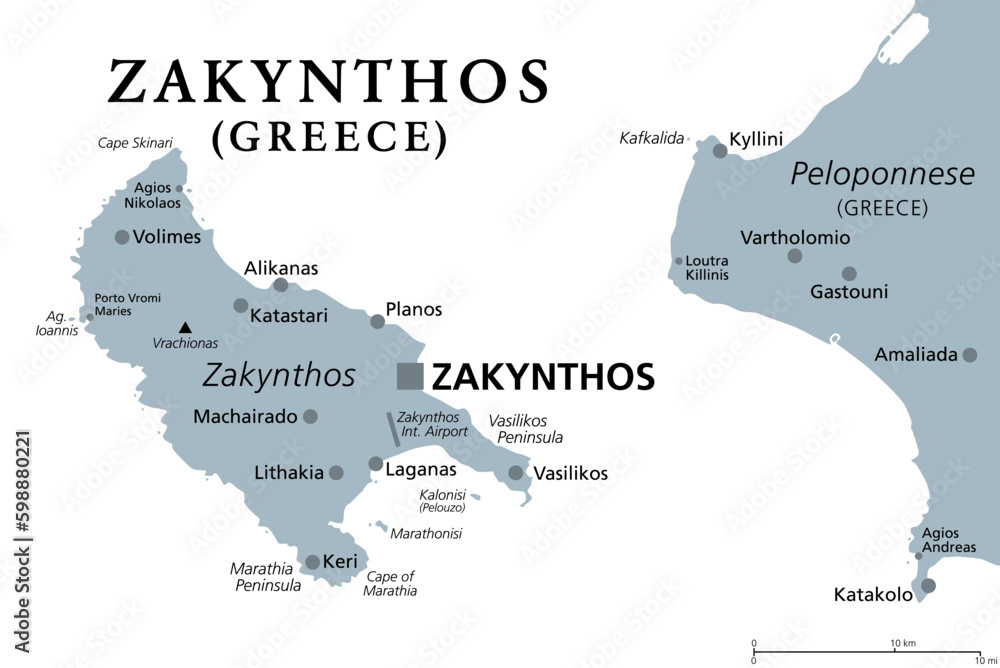 Zakynthos, Greek island, gray political map. Also Zakinthos or Zante, a ...