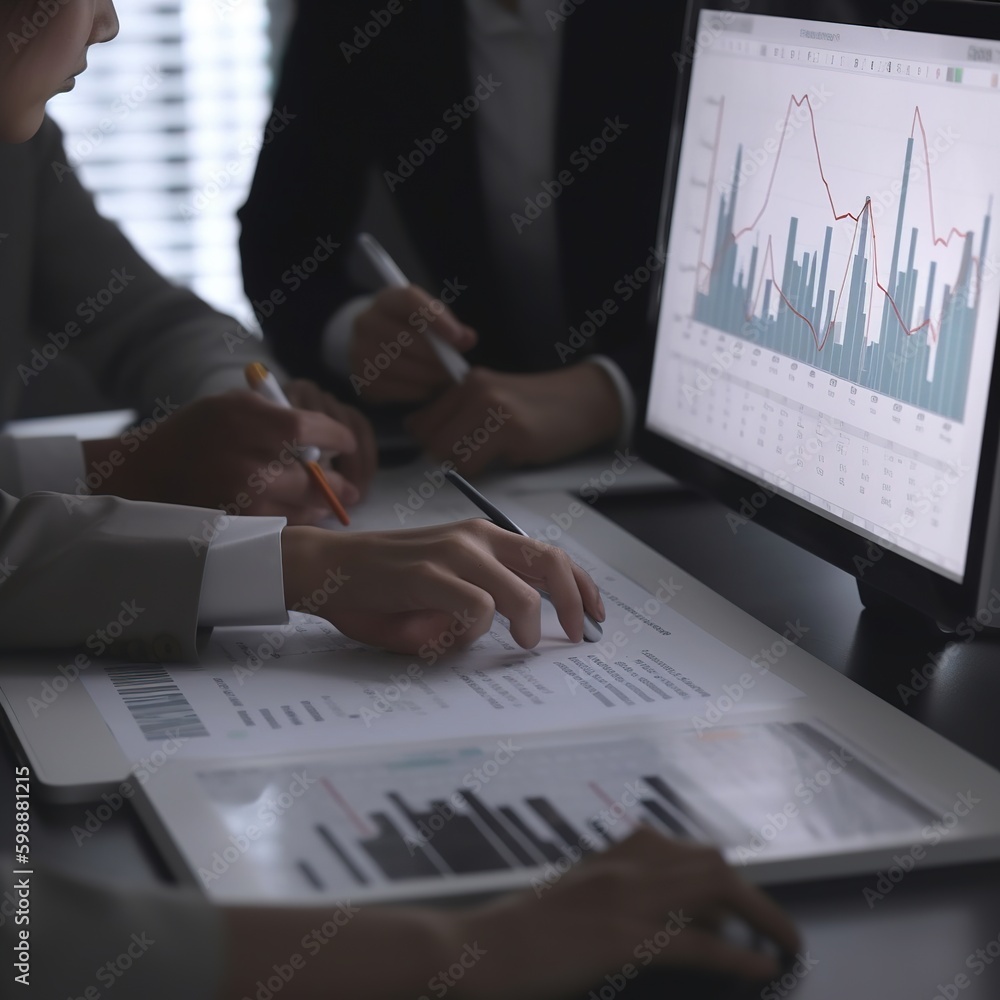 Analyst team colleagues analyze financial data on a digital dashboard ...