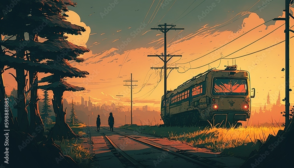 Cinematic anime style landscape of an abandoned railway station in the ...