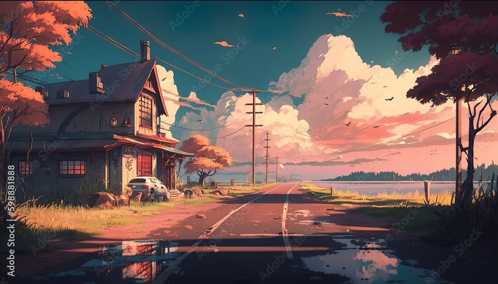 Cinematic anime style landscape of an abandoned railway station ...