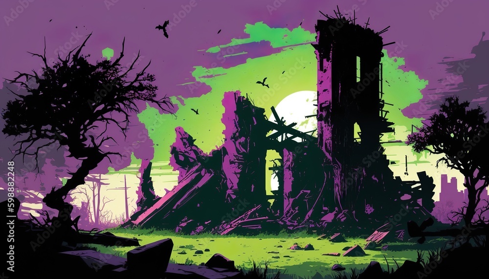 Anime style green and purple color ancient city ruins in a post ...