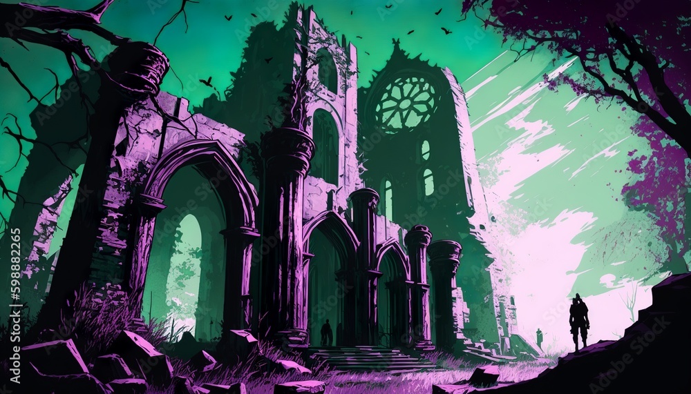 Anime style green and purple color ancient city ruins in a post ...
