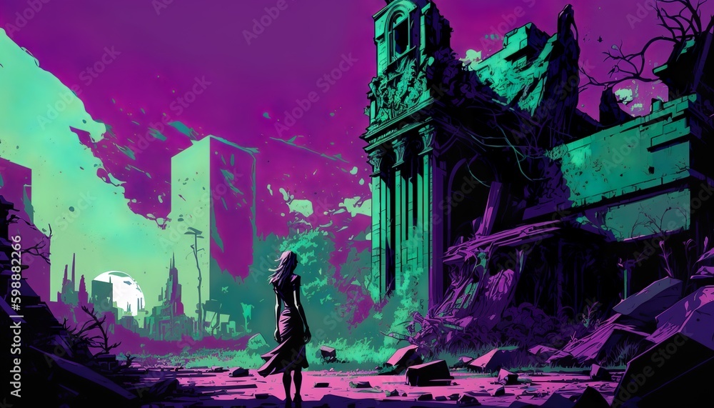 Anime style green and purple color ancient city ruins in a post ...