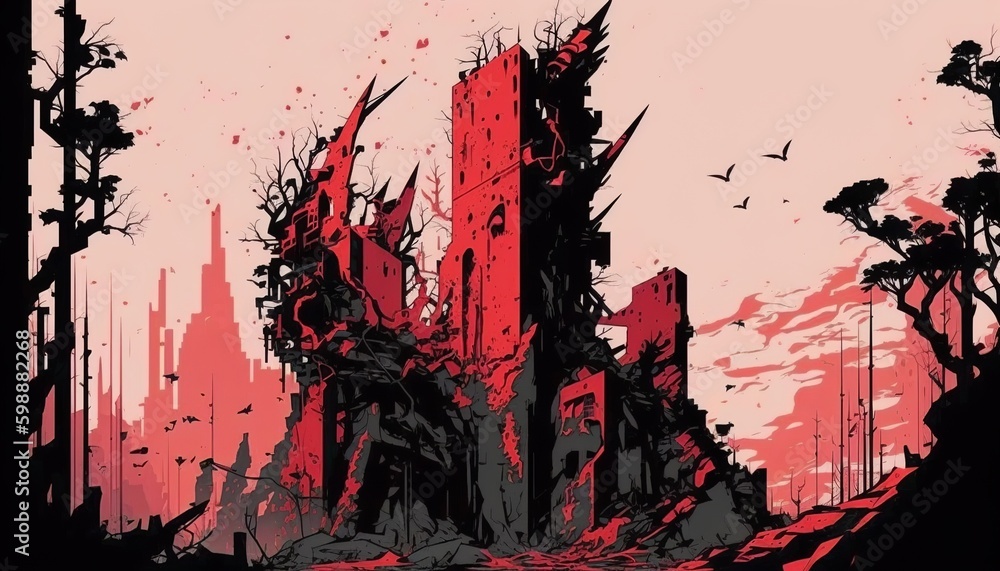 Anime style red gradient ancient city ruins in a post apocalyptic ...