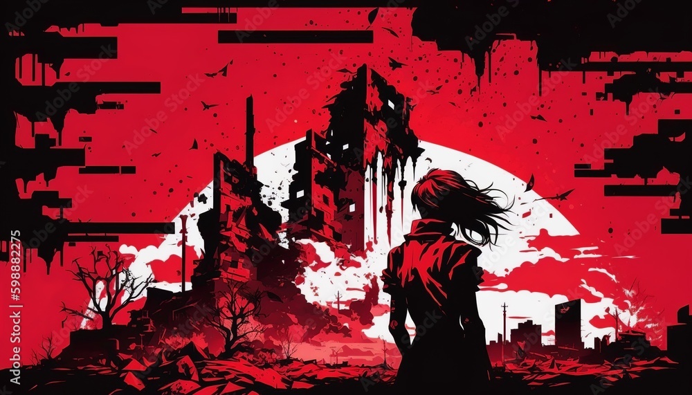 Anime style red gradient ancient city ruins in a post apocalyptic ...