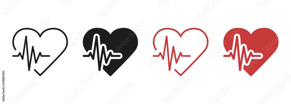 Healthy Pulse, Heartbeat Rhythm Line and Silhouette Color Icon Set ...