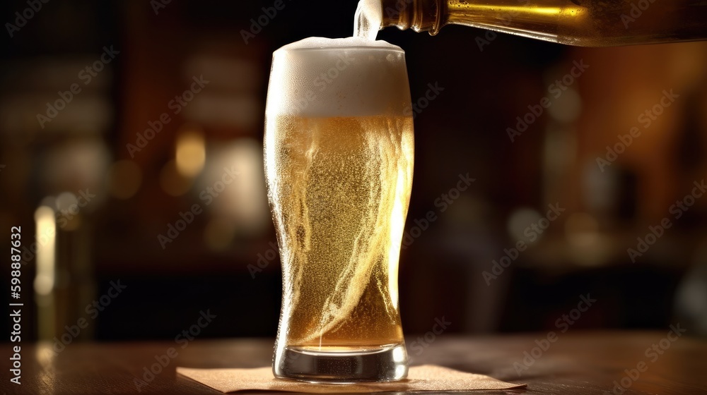 cold foamy beer is poured into a beer glass Generative AI Stock ...