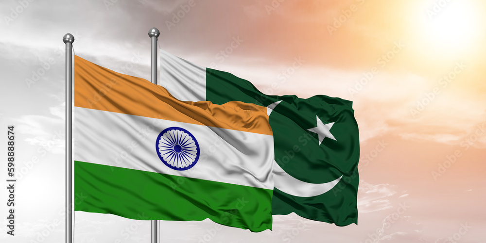 Flags of Pakistan and India friendship flag waving on the sky with ...
