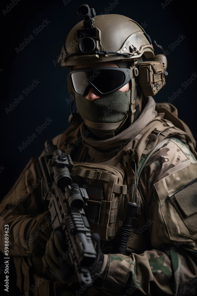 Army soldier in Combat Uniforms with assault rifle, plate carrier and ...