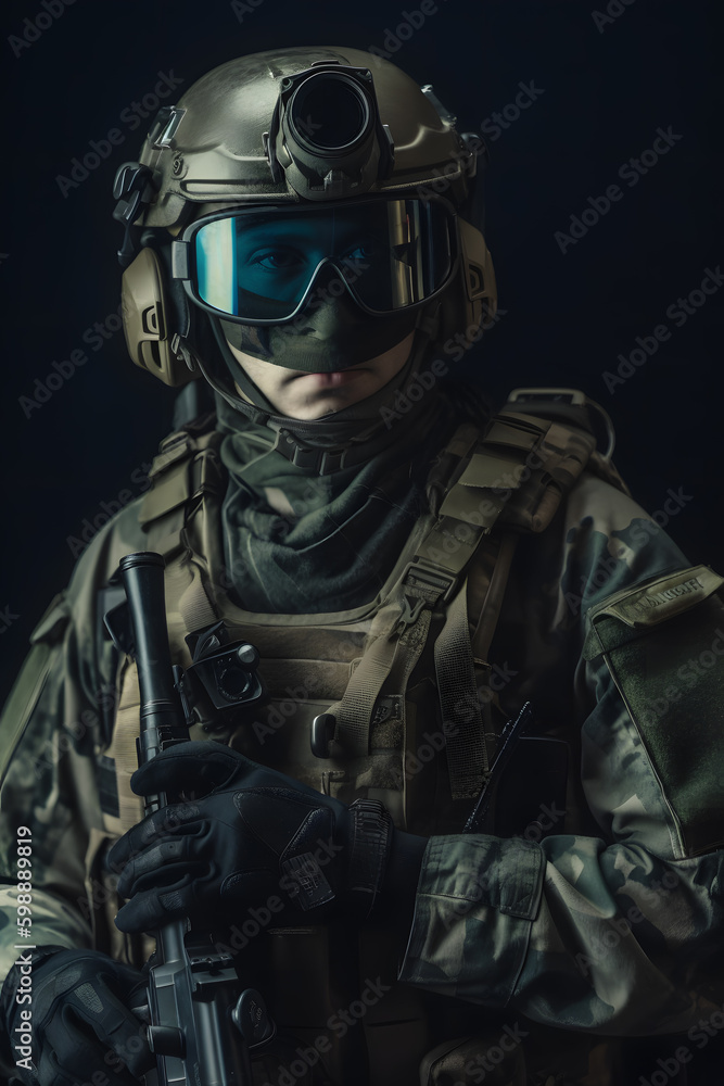 Army soldier in Combat Uniforms with assault rifle, plate carrier and ...