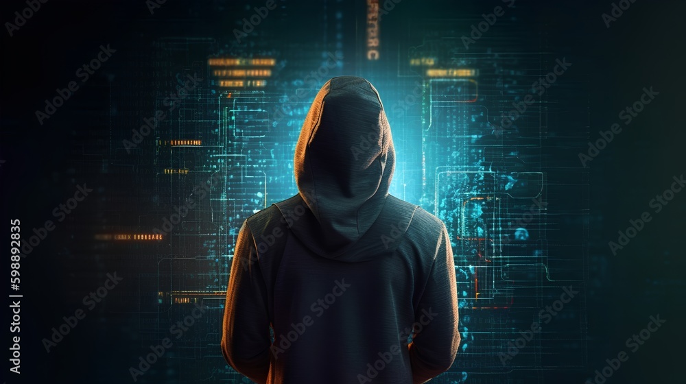 Hacker in a hoodie, back view, under dark lighting. Abstract background ...
