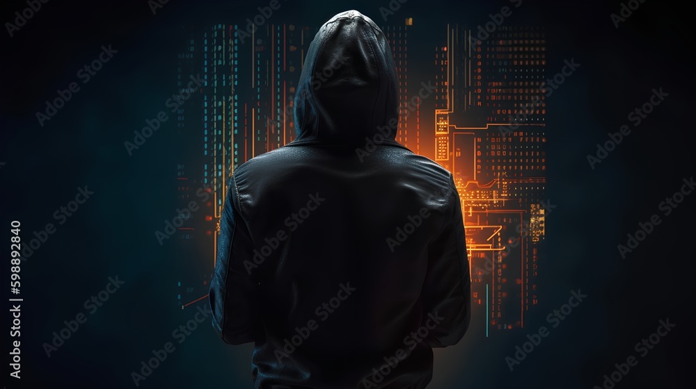 Hacker in a hoodie, back view, under dark lighting. Abstract background ...