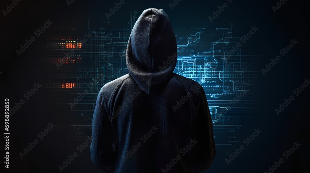 Hacker in a hoodie, back view, under dark lighting. Abstract background ...