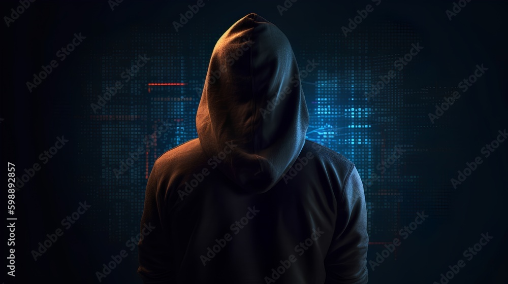 Hacker in a hoodie, back view, under dark lighting. Abstract background ...