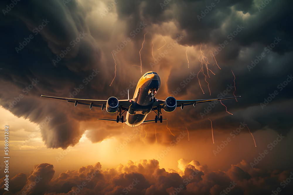 Airplane approach at the airport landing in sunset sunrise time bad ...