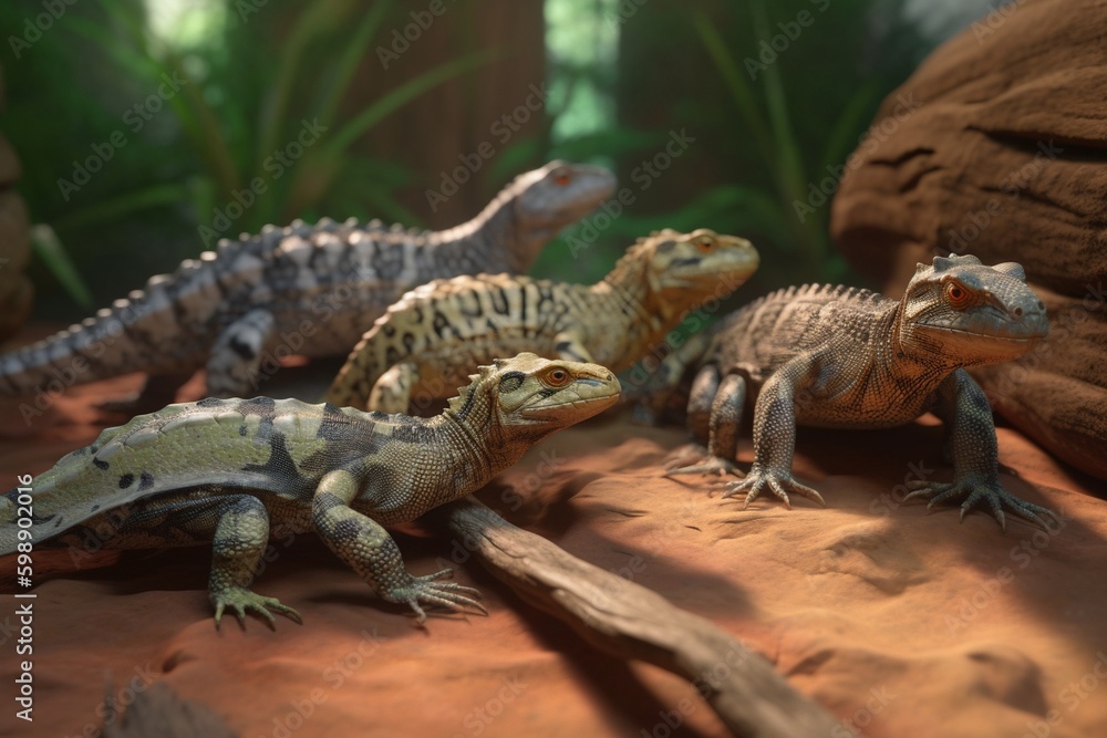A detailed illustration of a group of reptiles, such as snakes or ...