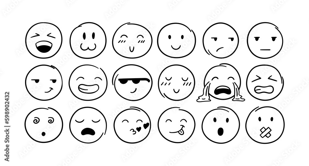 Vector hand drawn doodle emoji with different emotions set. Round cute ...