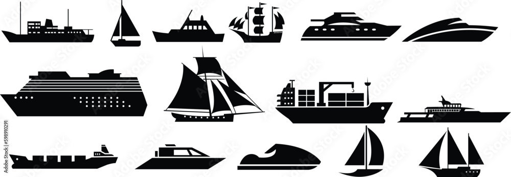 Ship and boat icon set. water transport symbol. vessels for travel and ...