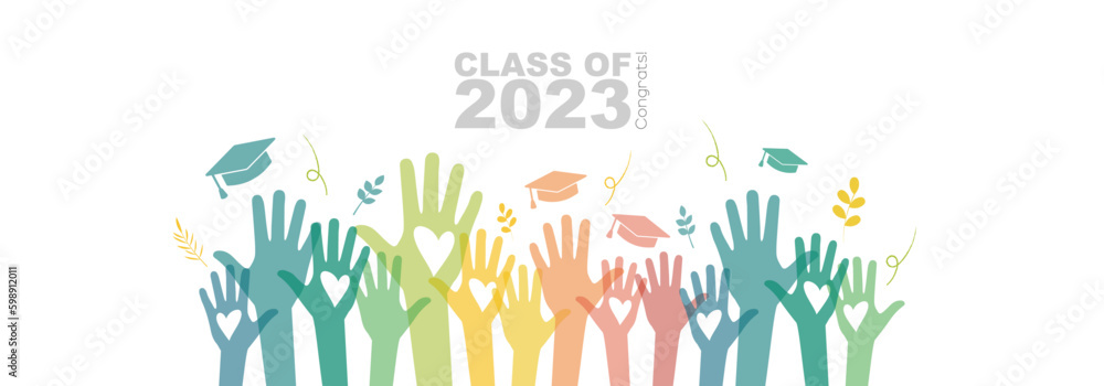 Class of 2023. Congrats ! Raised hands with hats concept. Stock Vector ...