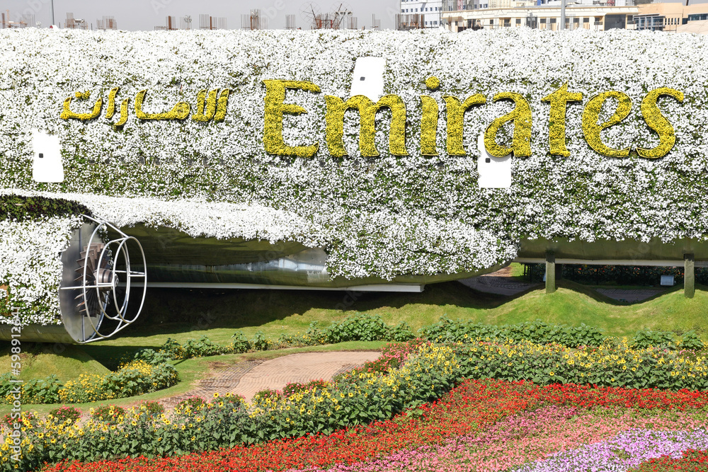 Emirates Airbus A380 made of flowers at the Dubai Miracle Garden on a ...