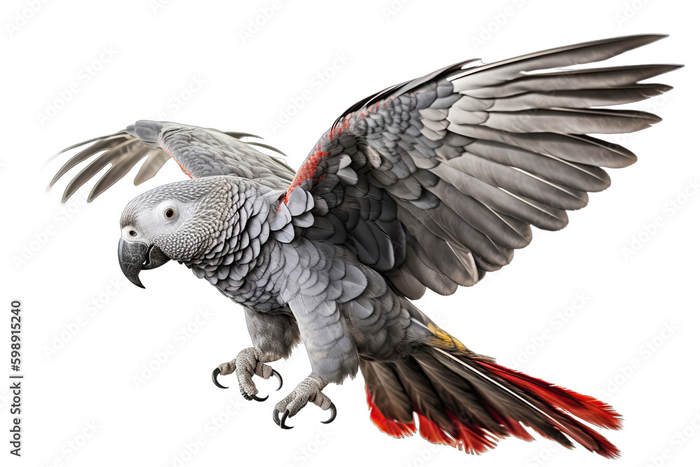 Congo African Grey Parrot flying isolated on white, transparent ...