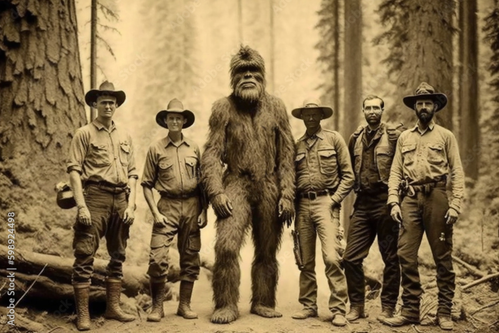 Aged historical photograph with a group of US Forest Rangers and a ...