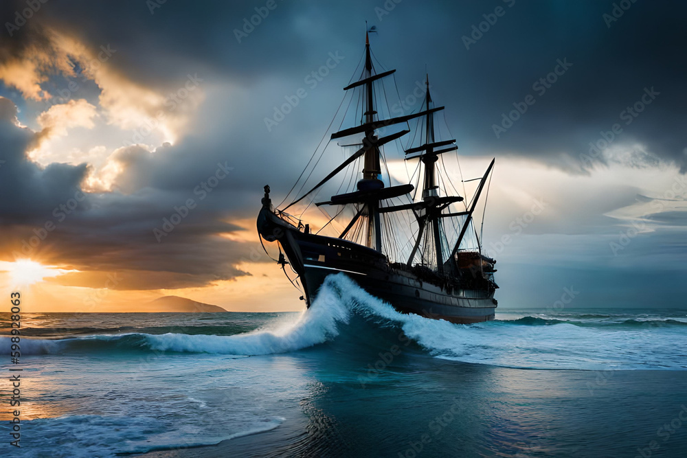 Dramatic View of Pirate Ship and Ocean Storm on the Beach Stock ...