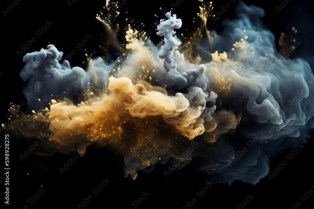 Glitter mist. Ink water. Fluid splash. Metallic golden silver blue ...