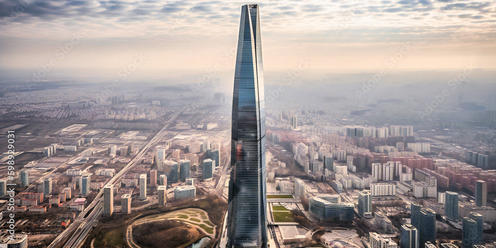 An aerial view of a futuristic building standing tall amidst a bustling ...