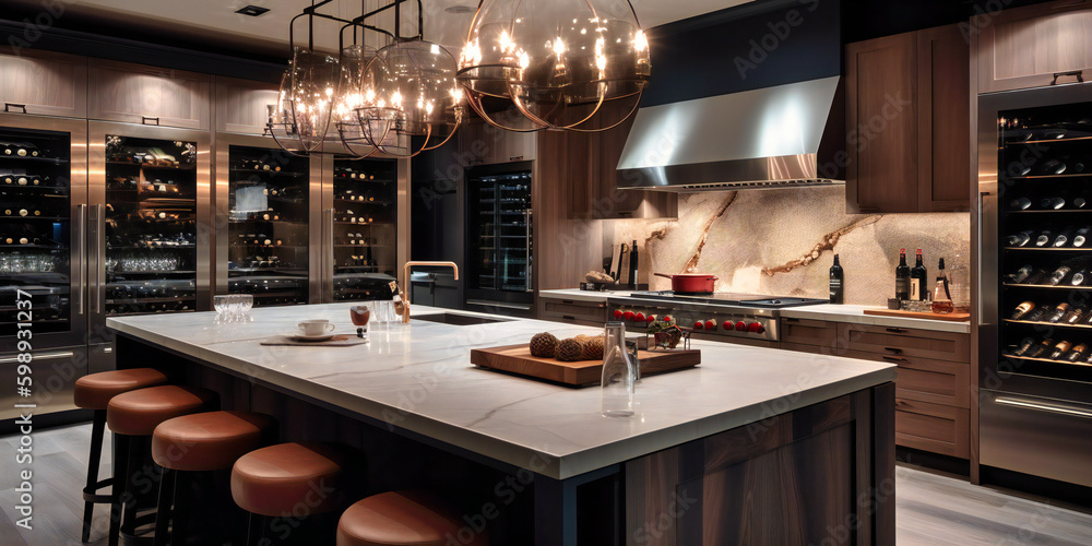A close-up view of a luxury kitchen designed for hosting, featuring a ...