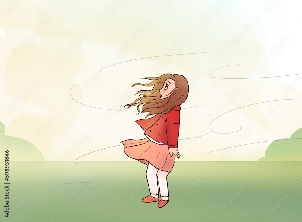 little girl in the heavy wind illustration Stock Illustration | Adobe Stock