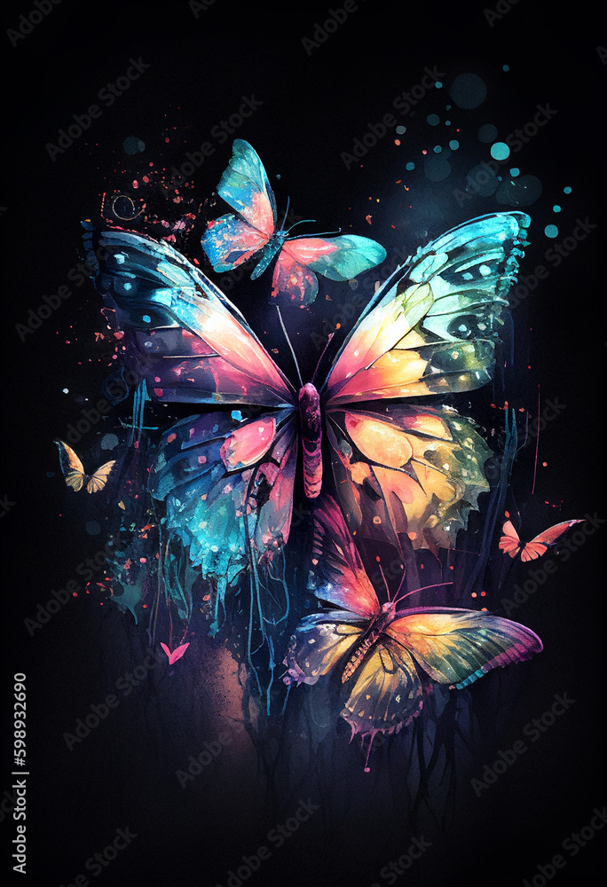 Beautiful neon multi-colored butterflies on a black background, painted ...