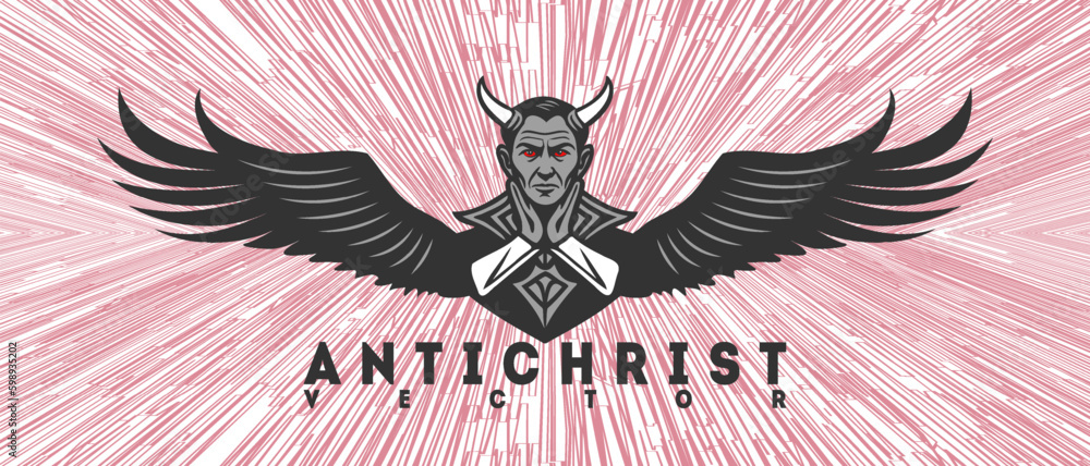 Vector graphic black and white logo. Winged Antichrist with horns and ...