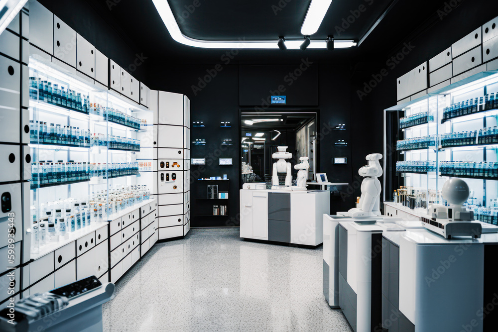 Modern pharmacy with a futuristic aesthetic and state-of-the-art ...