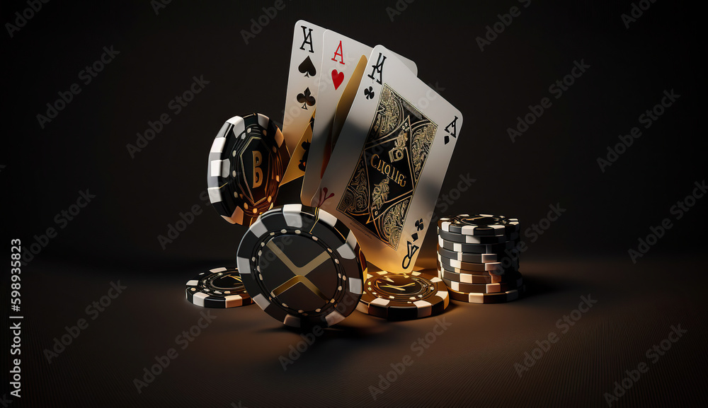 Casino cards game with chips and cubes on dark black background. Flying ...