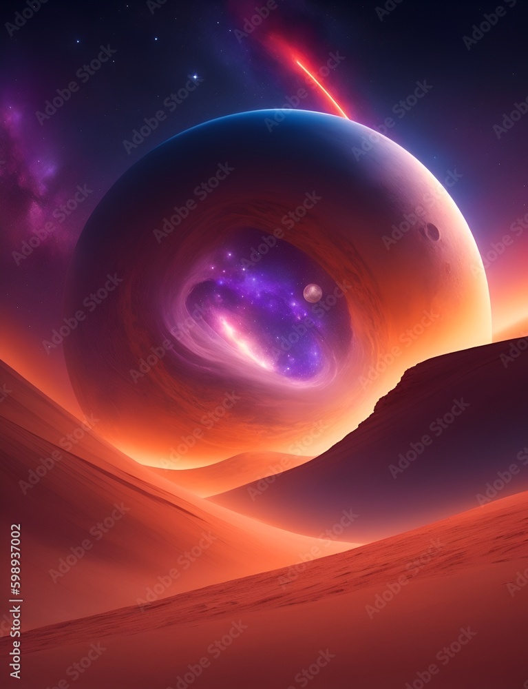 Realistic illustration of galactic landscape, desert with bold tones ...