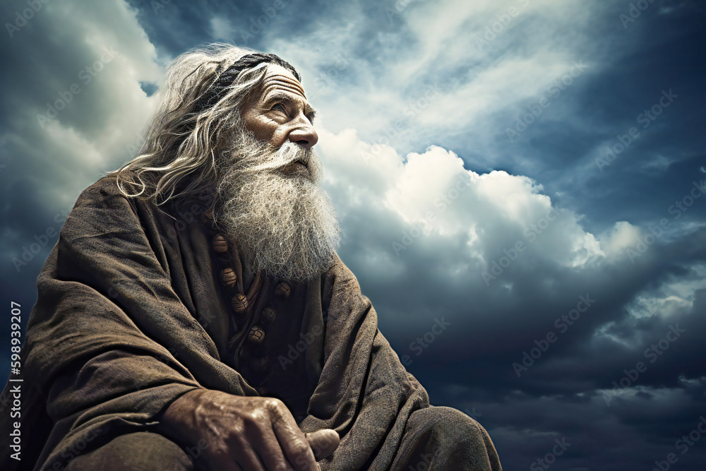 Old man with a beard, with a stormy sky in the background. Visionary ...