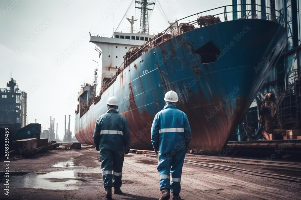 Shipyard workers with a ship under construction in background. Created with Generative AI ...
