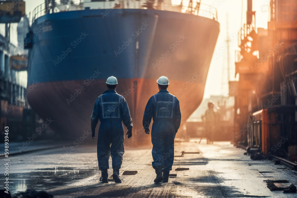 Shipyard workers with a ship under construction in background. Created ...