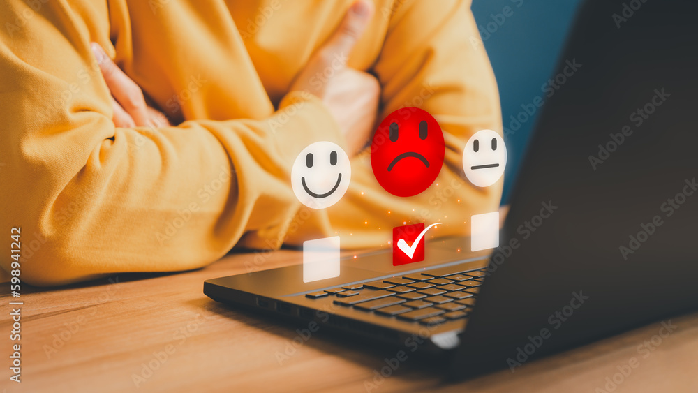 Male customer give assessment low score questionnaire on virtual screen ...