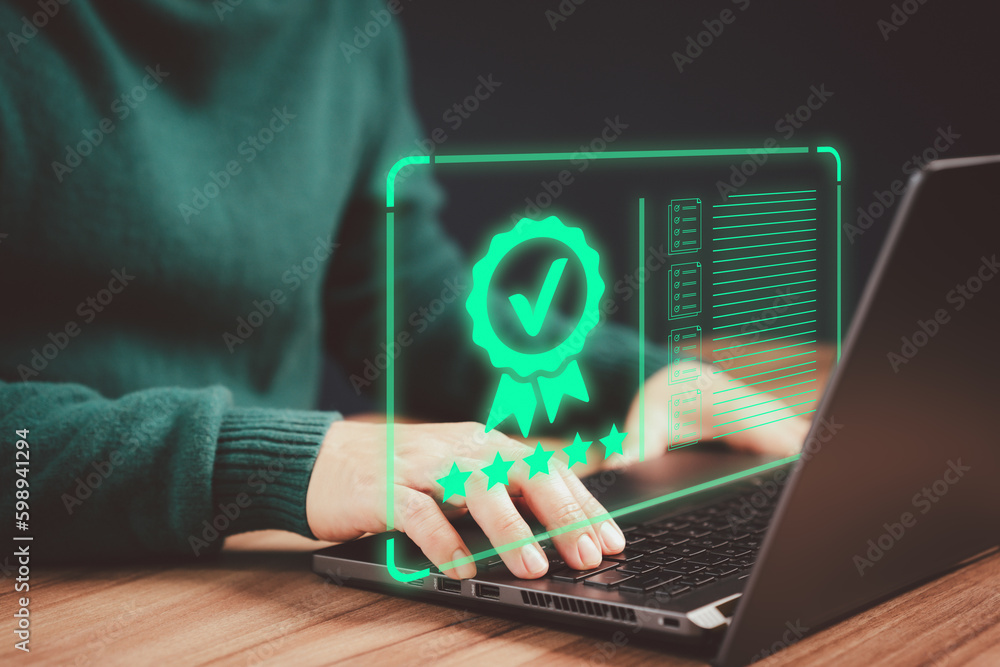 Client using computer laptop with virtual screen assessment sign of the ...