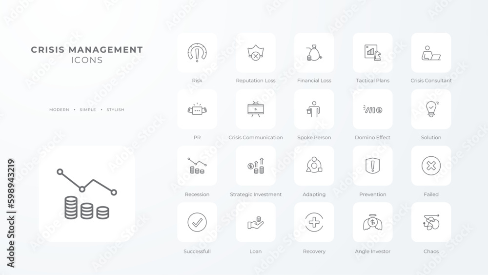 Crisis management icons collection with black outline style. risk ...