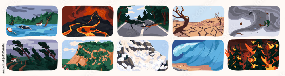 Natural disasters, calamities set. Weather cataclysms, catastrophes ...