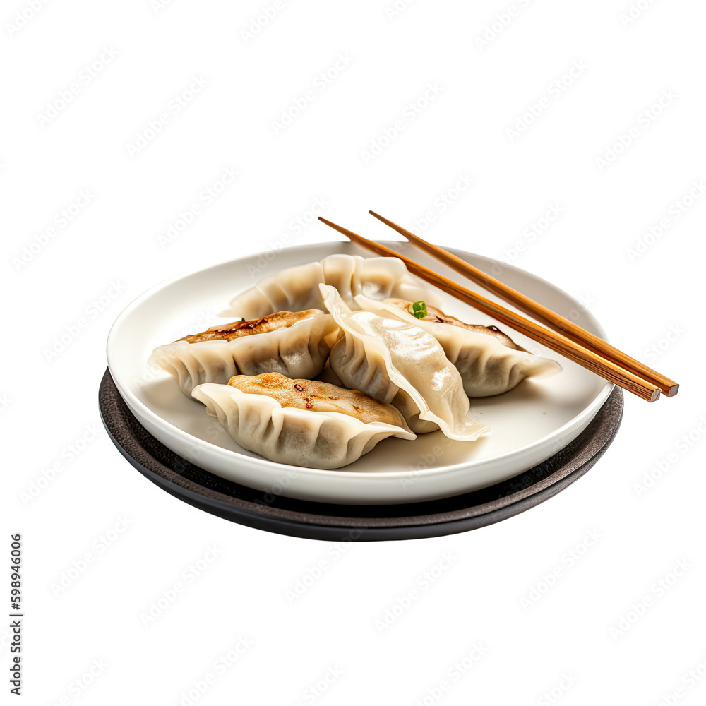 gyoza dumplings on a plate with chop sticks isolated on a transparent ...