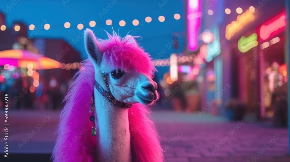 Cyberpunk goth Llama in the city looking for a fun time visiting night ...