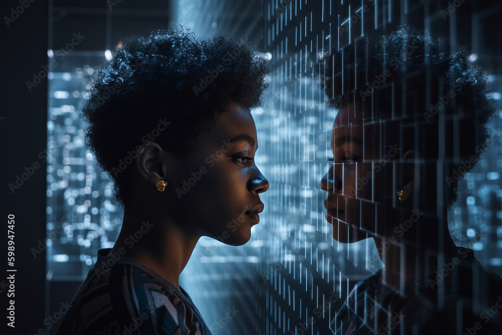 Person looking at a digital Artificial intelligence version of ...