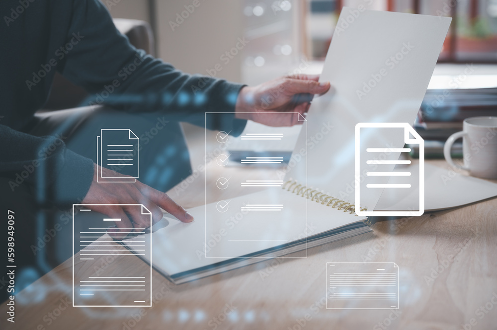 Document data system Report HR technology Concept: Businessman Manager checking white documents ...